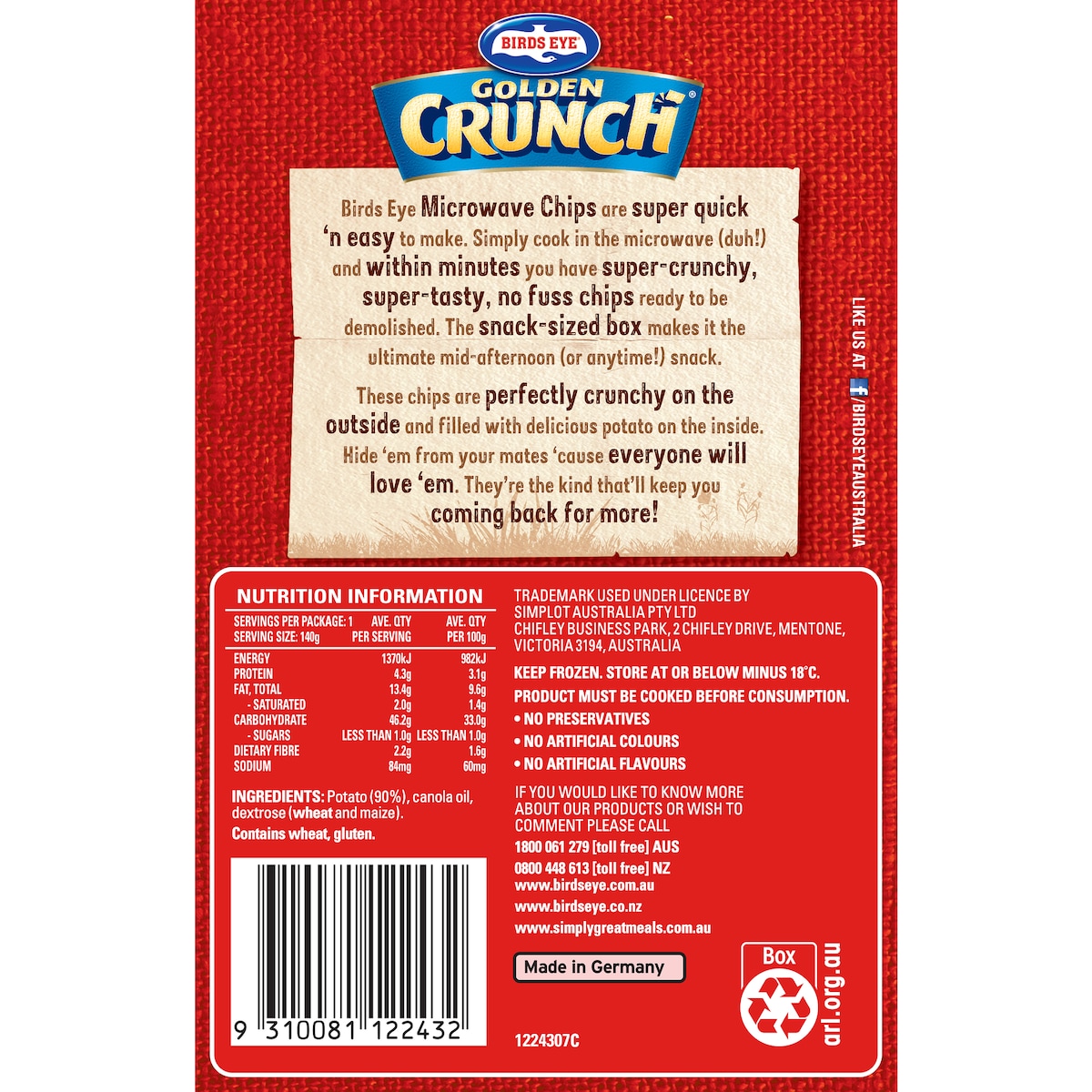 Figtree Dr IGA - Birds Eye Chips Golden Crunch Microwave Crinkle 140Gm